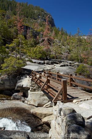 Footbridge across Merced River, below Nevada Fall, on The Mist Trail ...